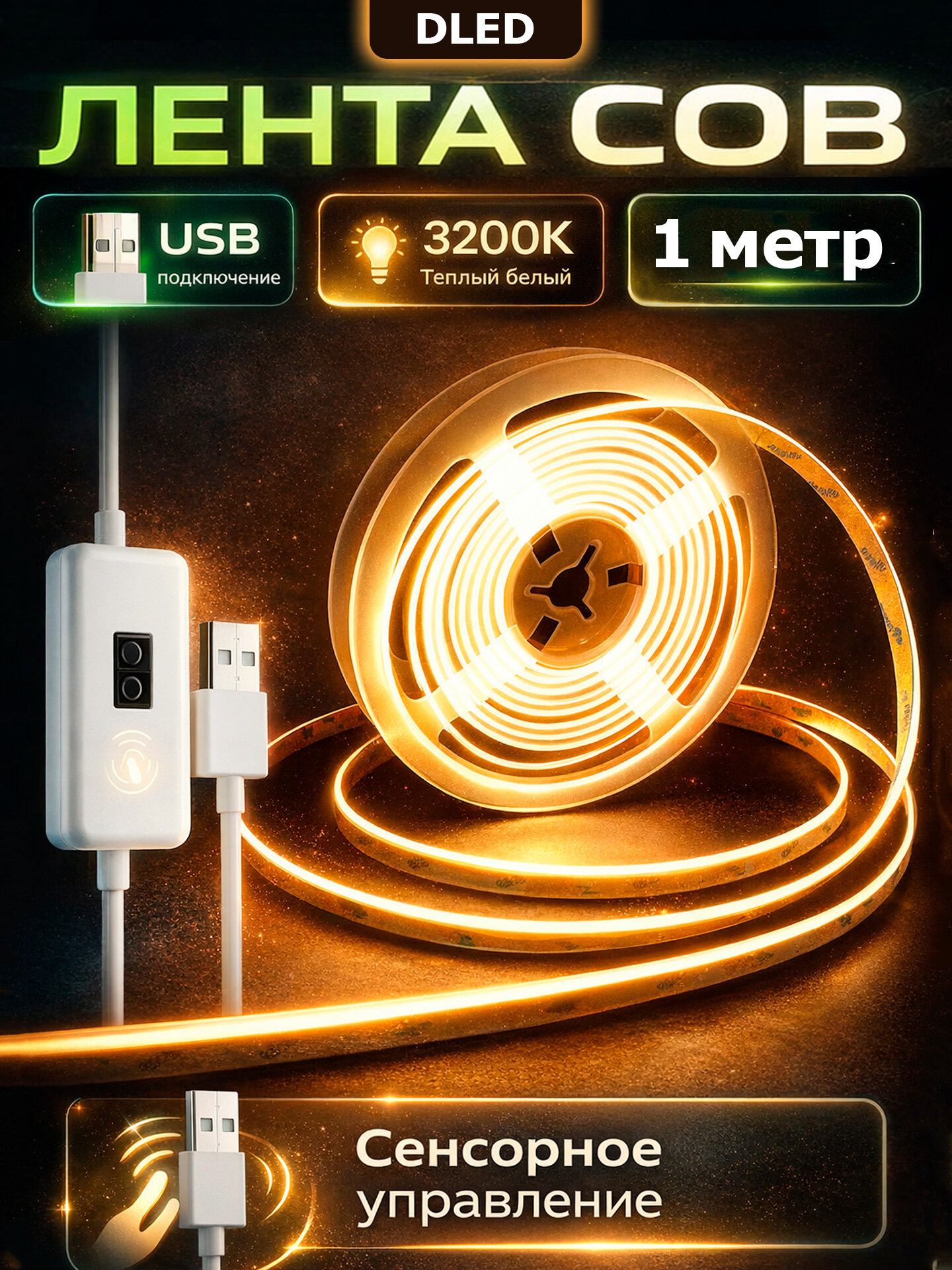 Светодиодная лента COB с USB подключением и датчиком движения "Взмах руки", цвет: теплый белый 3200K - 1 метр, бренд DLED