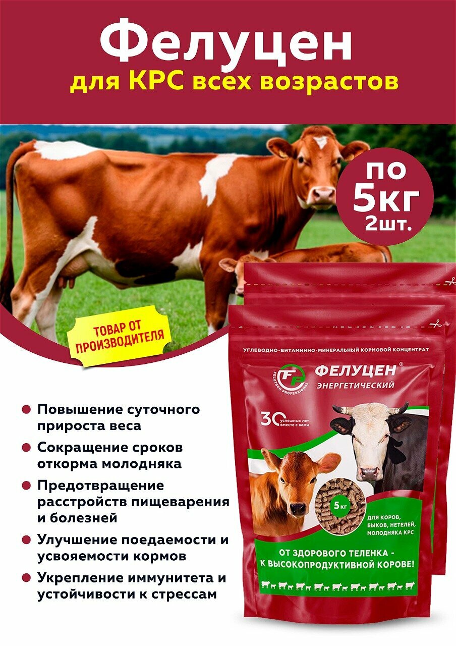 Кормовая добавка Фелуцен К1-2 для коров, быков и нетелей энергетическая 5кг, 2 штуки