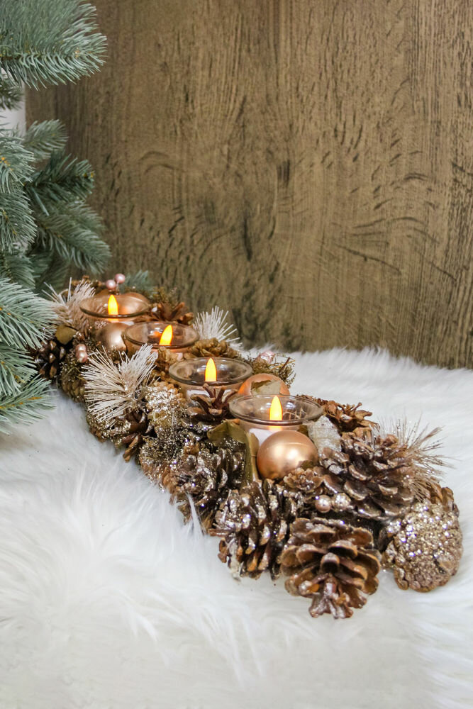 Подсвечник из шишек золото зимнего леса, на 4 чайных свечи, 54 см, Edelman 1117409