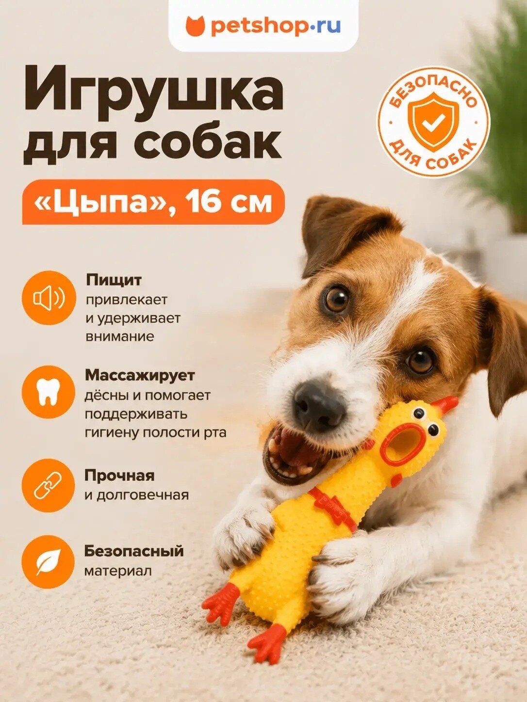 PETSHOP Игрушка для собак курица с пищалкой "Цыпа", 16 см