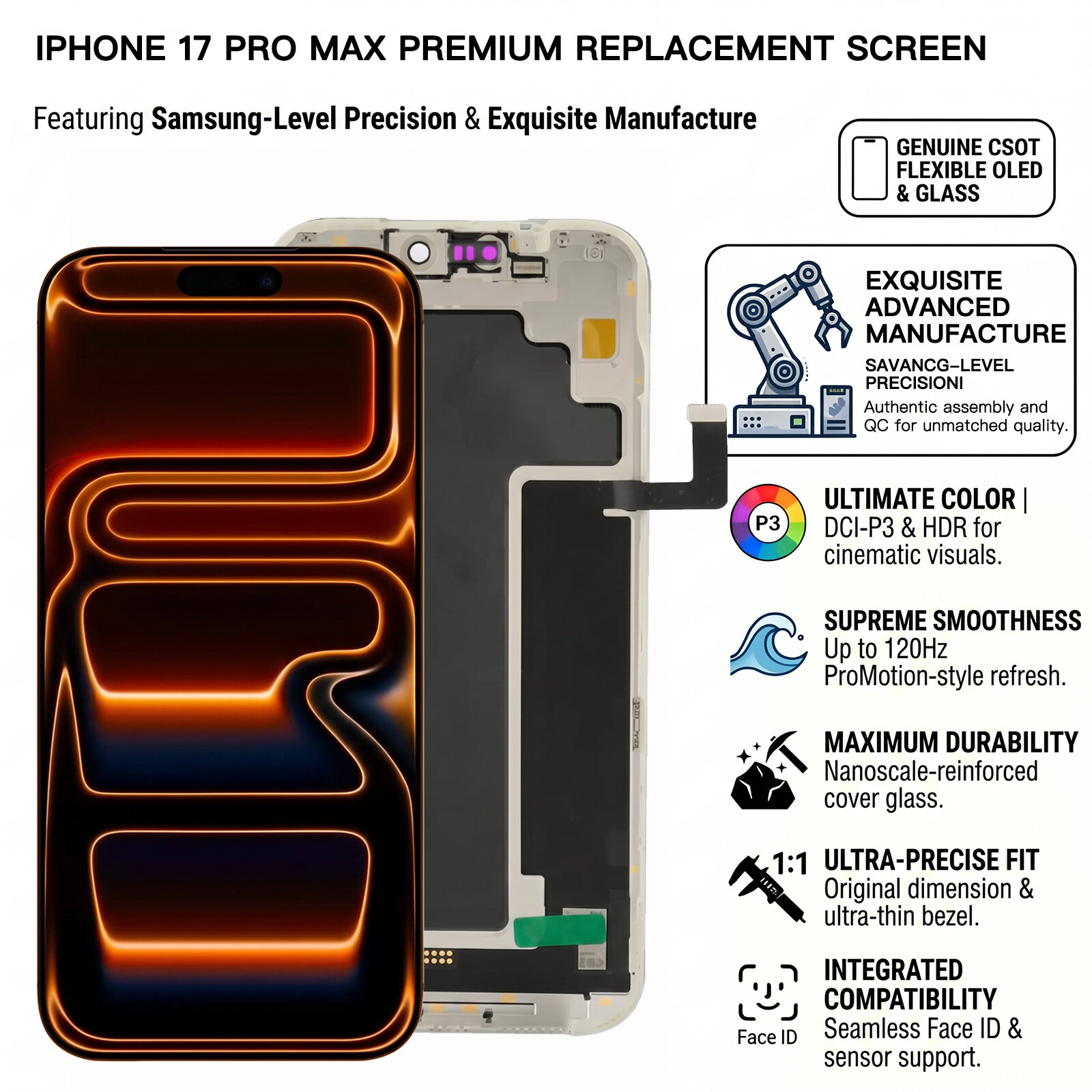 Дисплей для замены iPhone 17 Pro Max, OLED Huaxing + передовая герметизация, с переносом IC, без Face ID