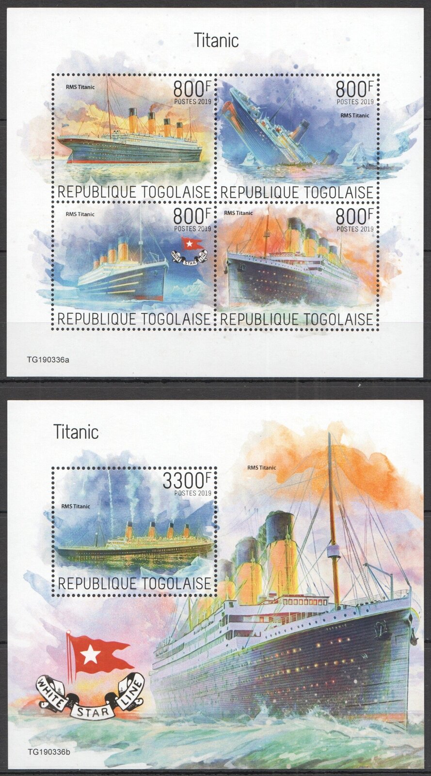 Марки 2019 год Того Титаник Круизные лайнеры Транспорт #7170-7173+Bl1645 Mnh