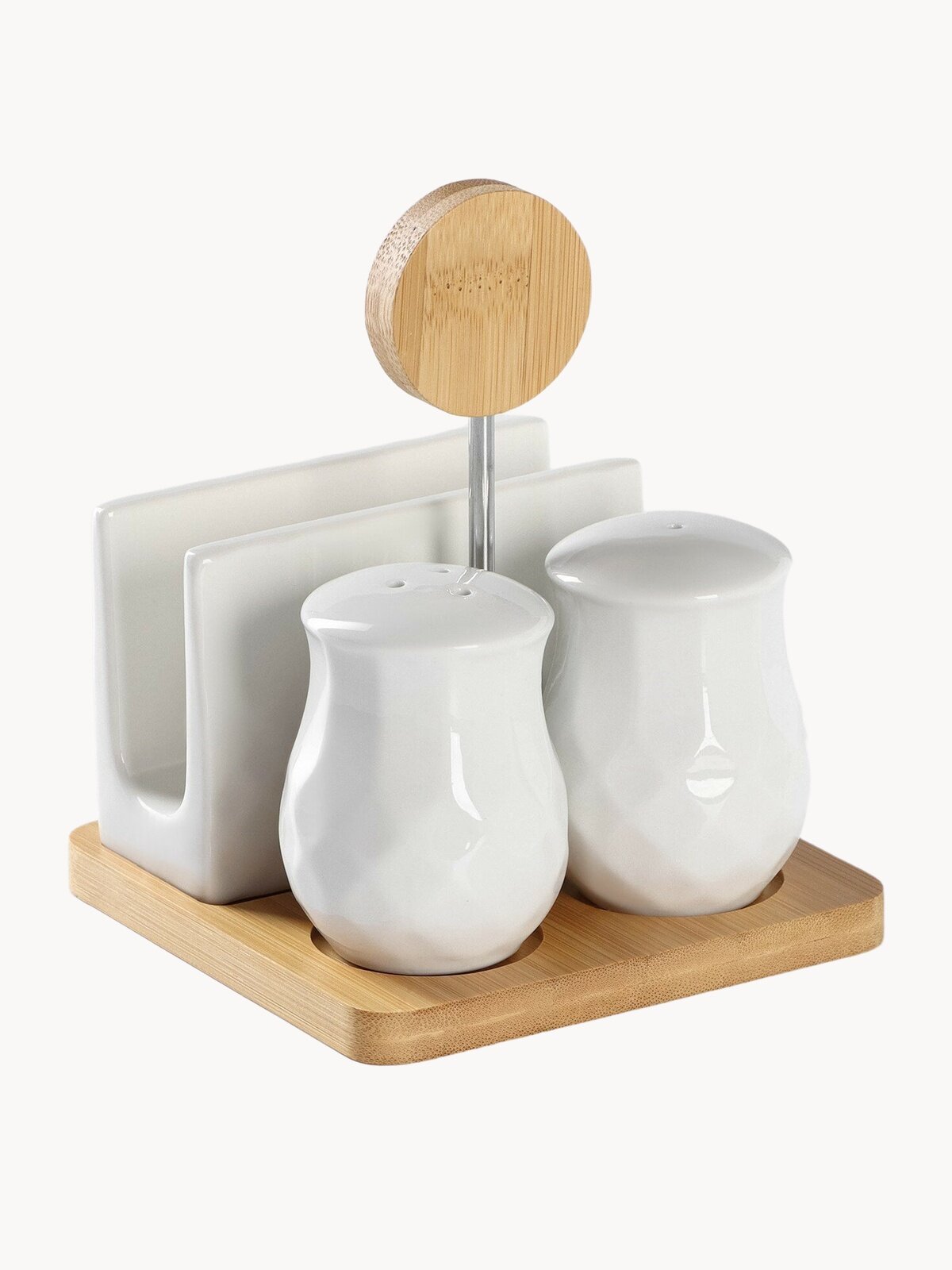 Набор для специй "BellaTenero", 4 предмета: солонка, перечница, салфетница, на бамбуковой подставке, фарфор, белый