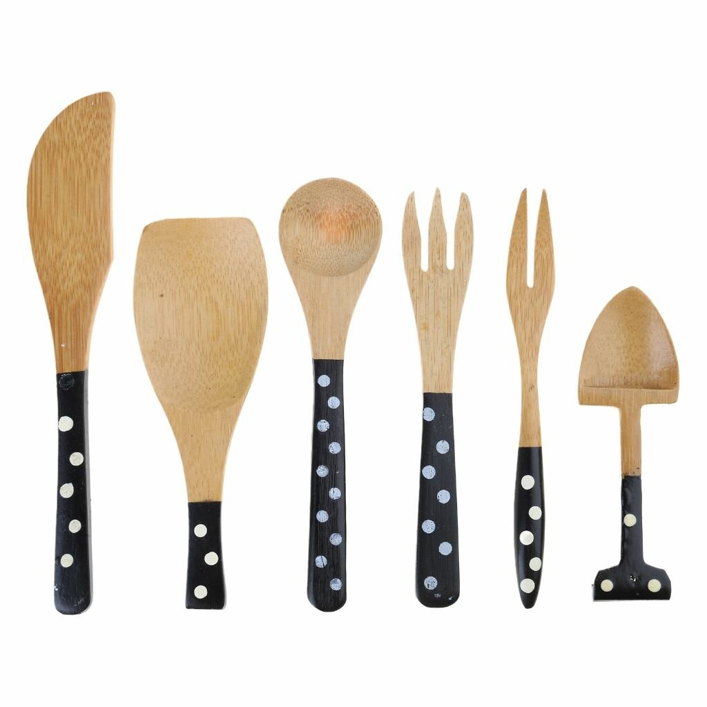 Куверты для столовых приборо, набор из 6 предметов, деревянная ложка и вилка в горошек-полный предметов