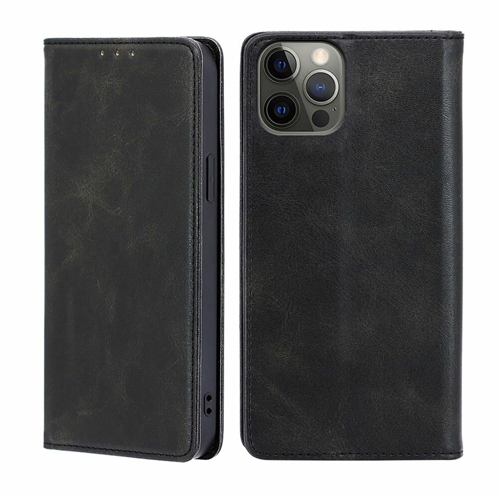 Чехол-книжка MyPads для Apple iPhone 12 / 12 Pro / Айфон 12 Про, Телячья кожа, закрывающаяся на магнит, черный