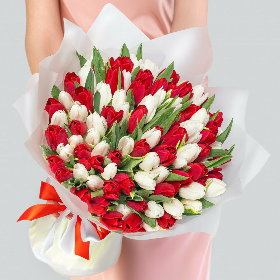 Букет из белых и красных тюльпанов 101 шт, красивый букет цветов, шикарный, премиум цветы, премиум букет