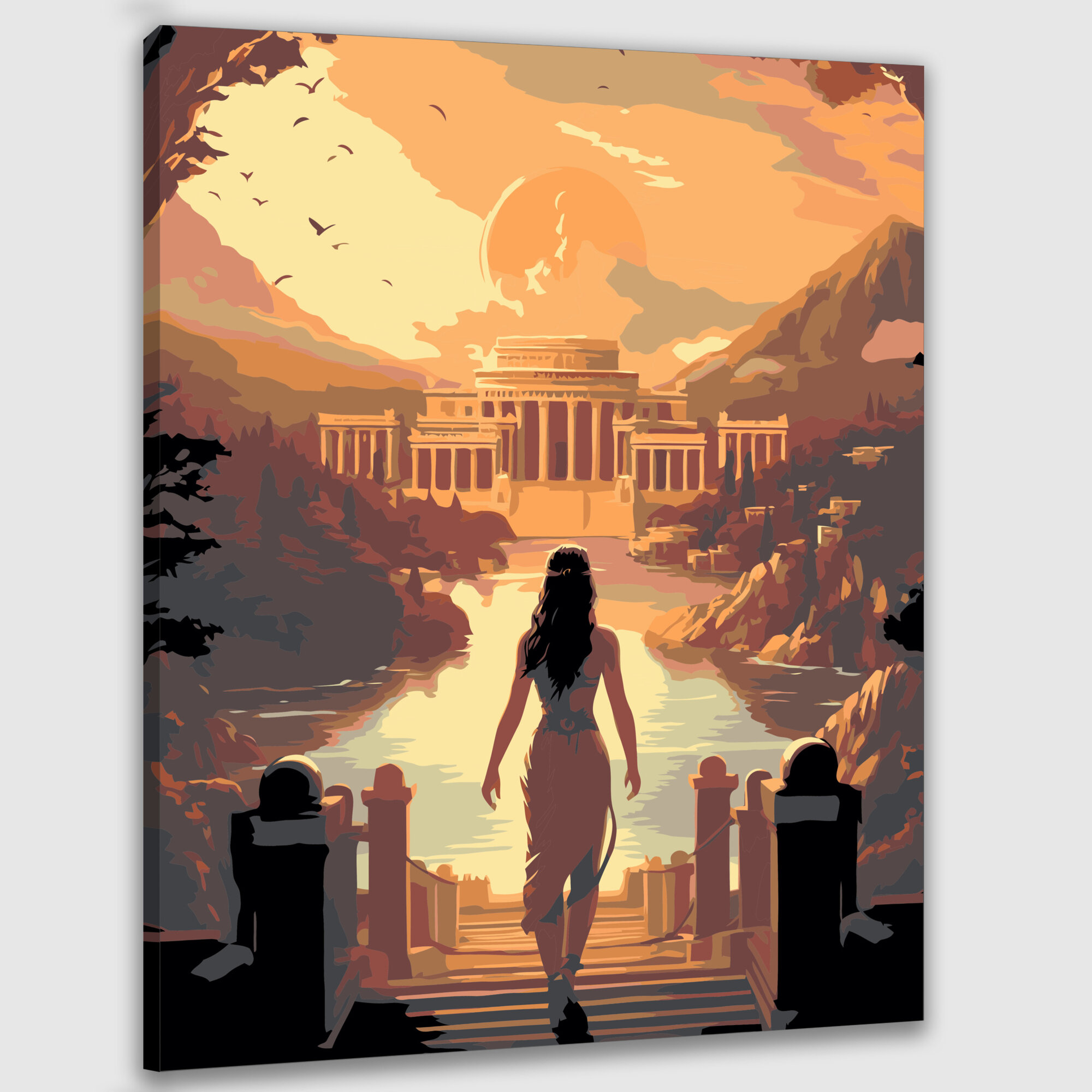 Картина по номерам 40x50 см, величественный храм, закат, золотистый свет, колонны, архитектурные детали