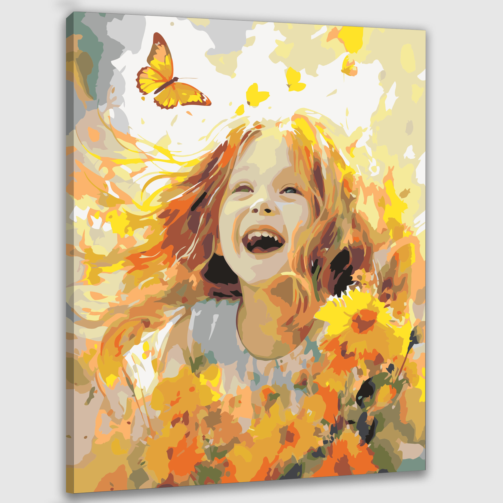 Картина по номерам 40x50 см, акварельная картина, радость, невинность, девушка, подсолнечное поле, смех, лицо