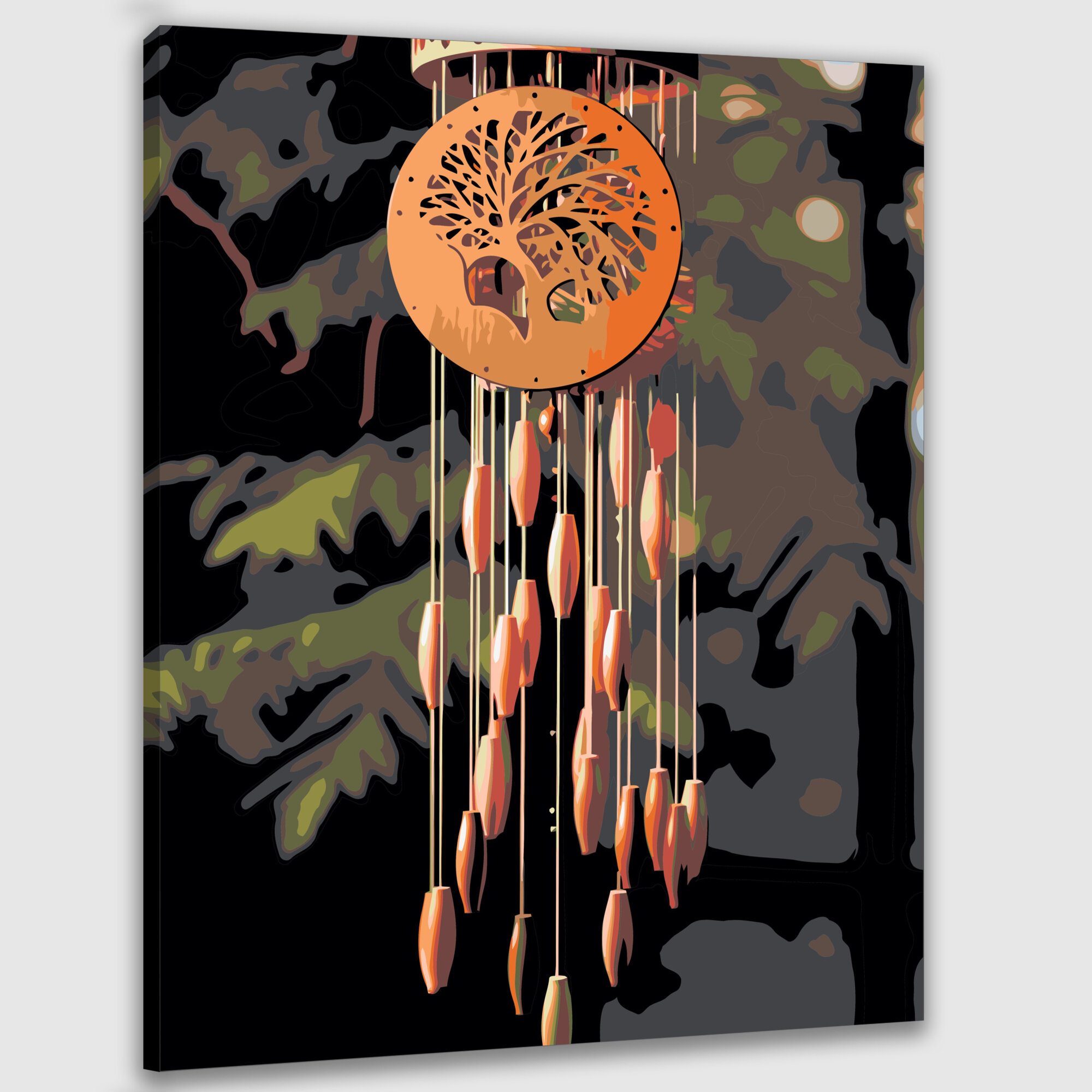 Картина по номерам 40x50 см, цифровая иллюстрация, деревянный колокольчик, ветка дерева, вырезанные детали