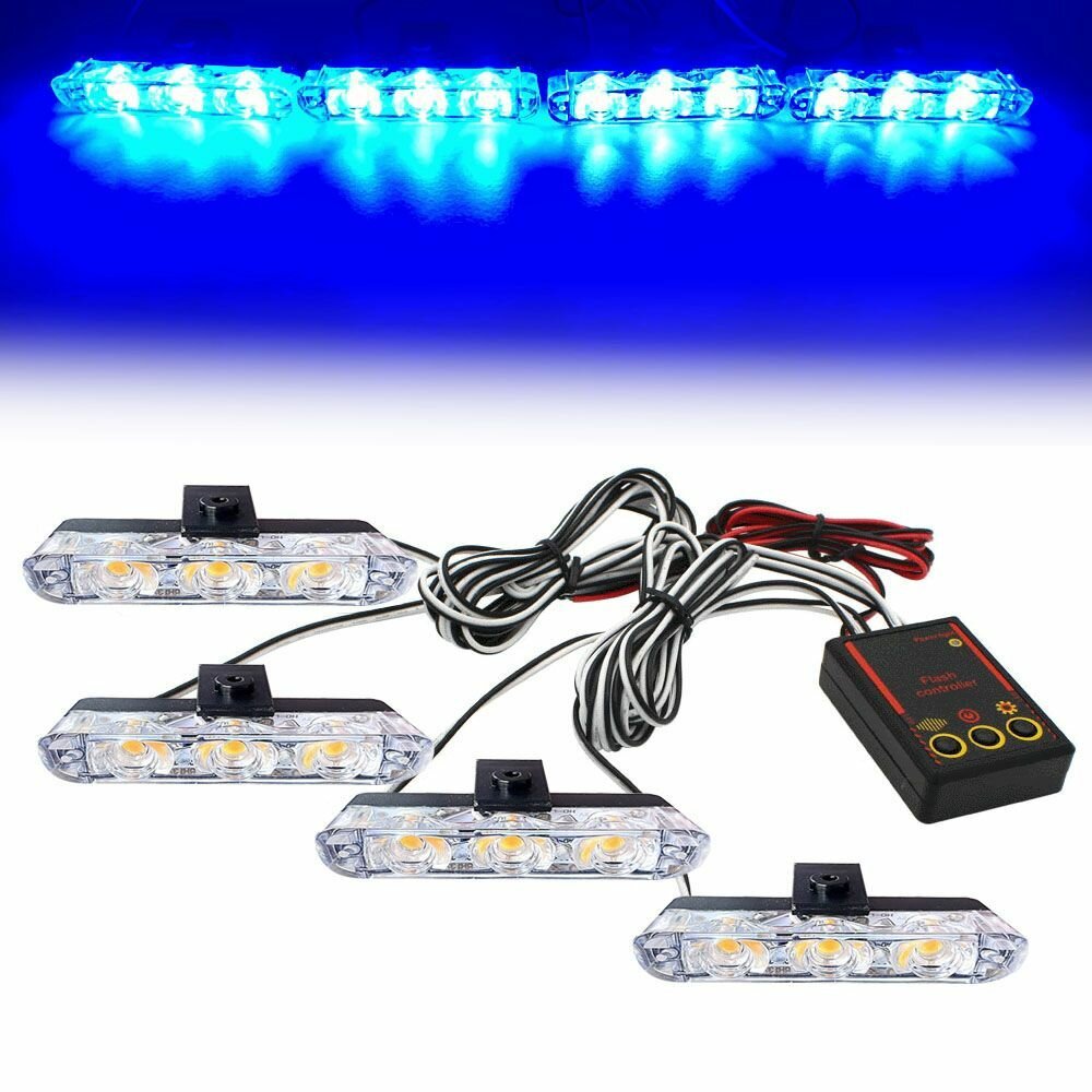 Светодиодный стробоскоп 12В синий, 10 режимов, набор 4 шт — компактные LED мигалки для авто и декора, для установки