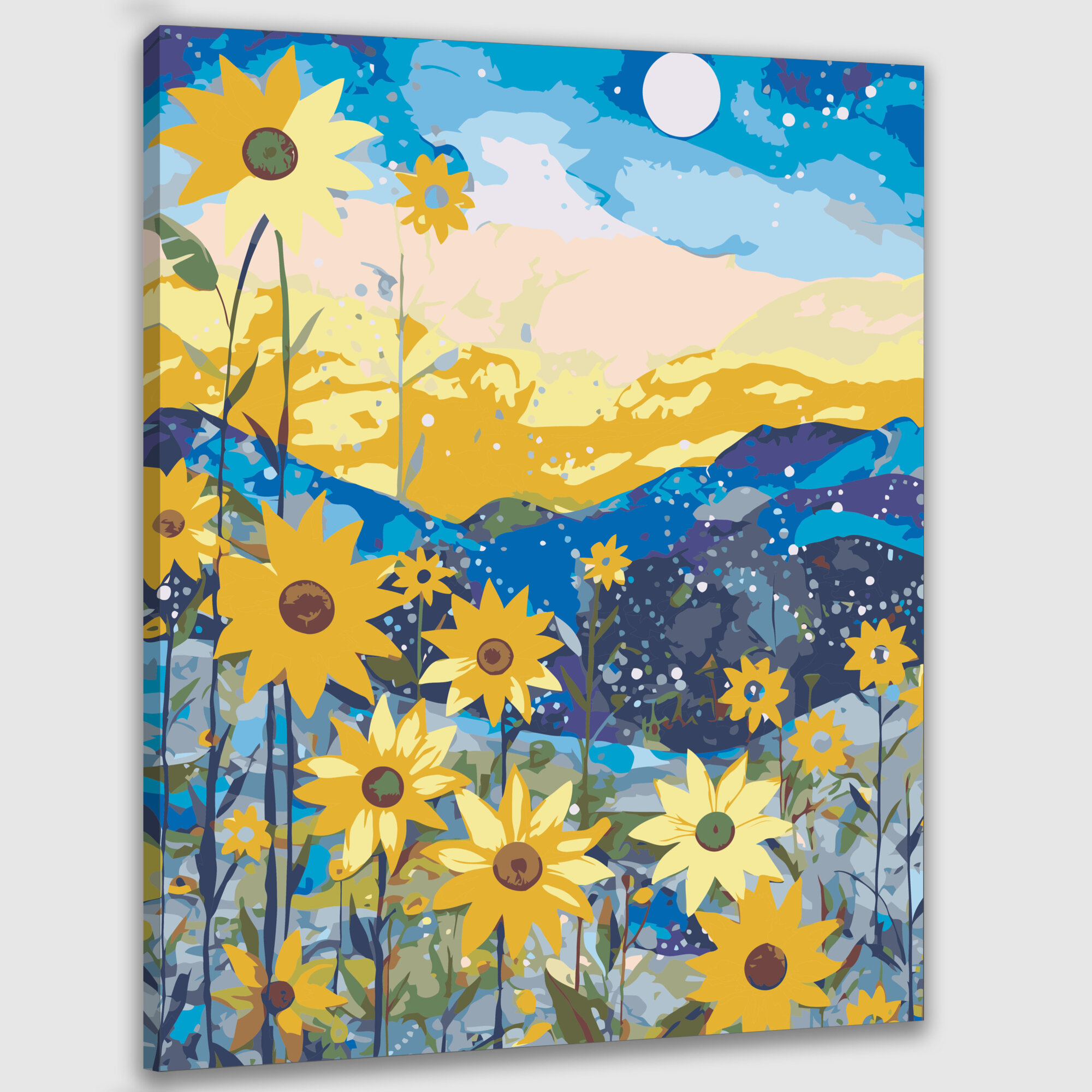 Картина по номерам 40x50 см, картина, летний пейзаж, акриловая краска, коллаж, солнце, небо, мазки, подсолнухи