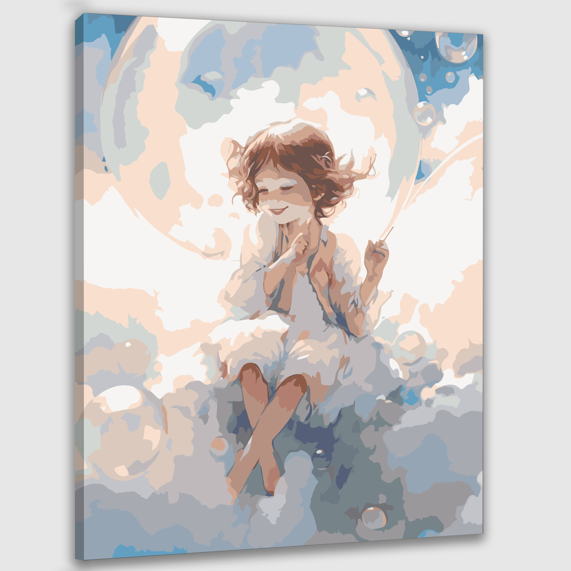 Картина по номерам 40x50 см, картина, акварель, иллюстрация, ребенок, ангельские крылышки, облако, мыльные пузыри