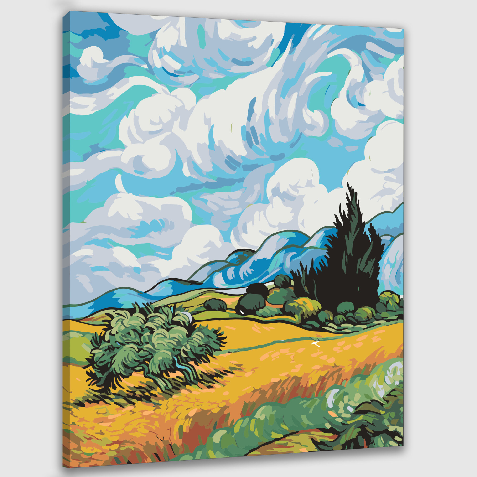 Картина по номерам 40x50 см, картина, пейзаж, Ван Гог, постимпрессионизм, небо, синий, желтый, зеленый, холмы