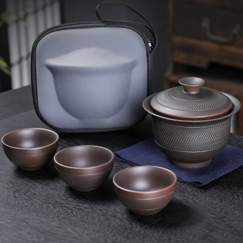 Гайвань из фиолетовой керамики Jianshui для чая пуэр и черного чая, набор с чашками и саквояжем