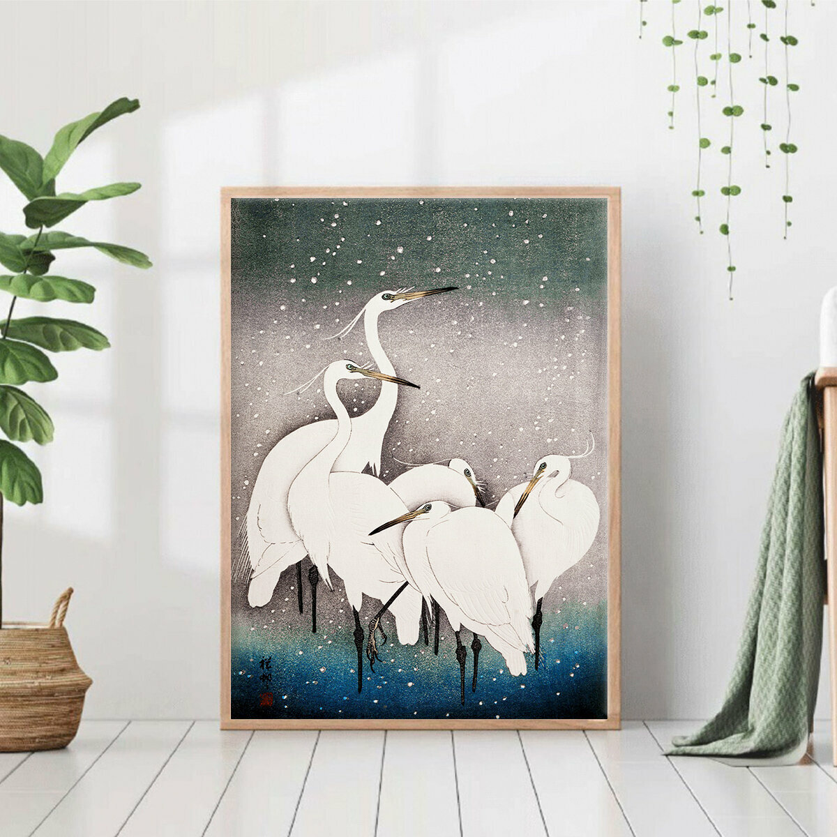 Постер "Белые цапли репродукция в японском стиле" 40x50 без рамки на стену для интерьера