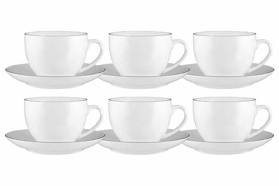 Набор пар чайных, 6 перс, 12 пр, 260 мл, фарфор P, белая, с серебристым кантом, White Platinum (Maxwell&Williams)