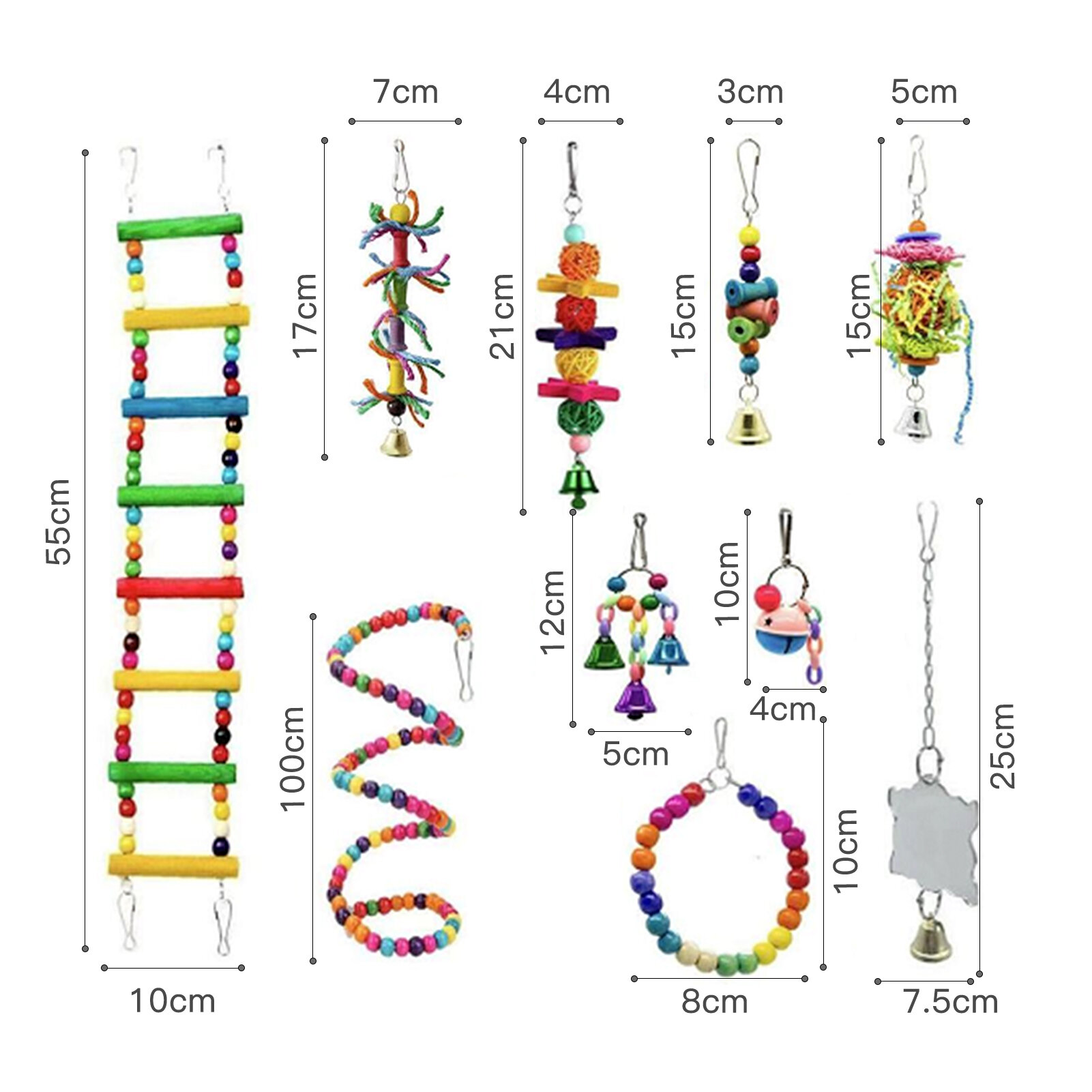 10 шт. игрушек для птиц для попугаев, качелей, веревочных лестниц, жевательных игрушек с колокольчиками, гнездовых подвесных игрушек для маленьких попугаев, корелл, конур, ара, попугаев, аксессуаров для клеток для птиц
