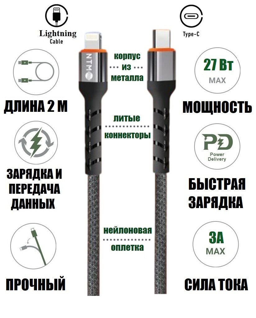 Кабель USB-C - Lightning 27 Вт 3А 2 м нейлон для iPhone 5-14 серий