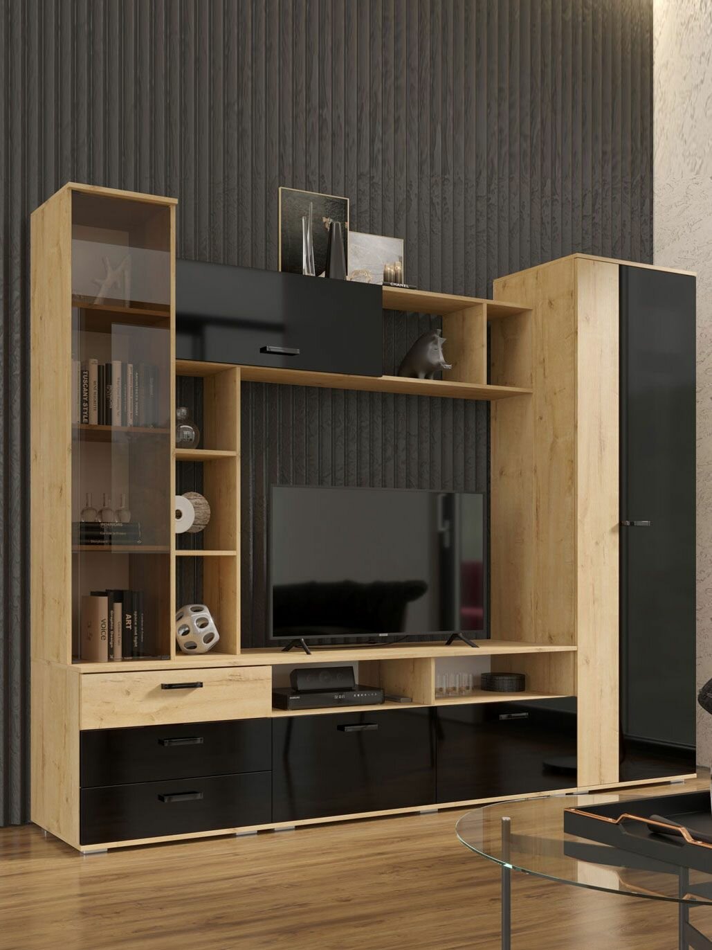 Гостиная комплект Крокус, тумба под телевизор, навесной шкаф, стеллаж, настенная полка, 270х47х209 см, Дуб Вотан / Черный глянец