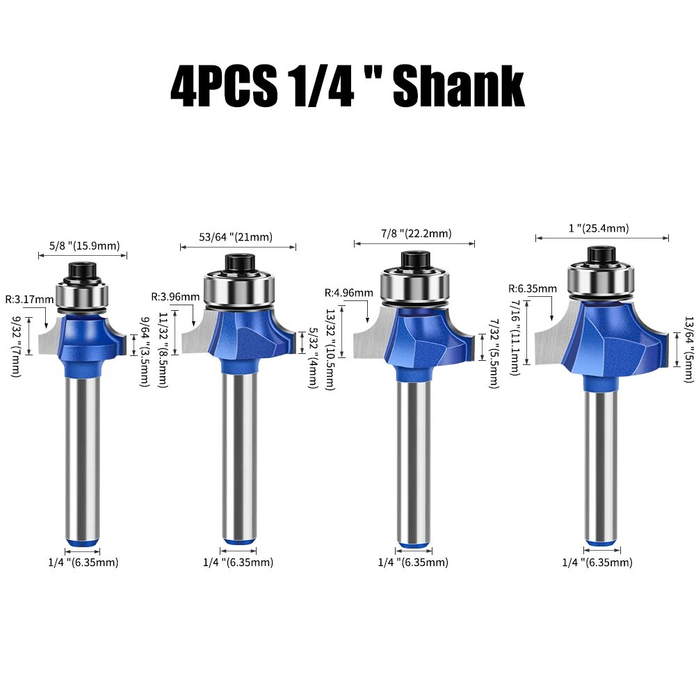 Набор фрез с хвостовиком 1/4 дюйма и хвостовиком 6 мм, синий набор фрез, твердосплавные фрезы по дереву для деревообработки 4Pcs 6.35mm Shank
