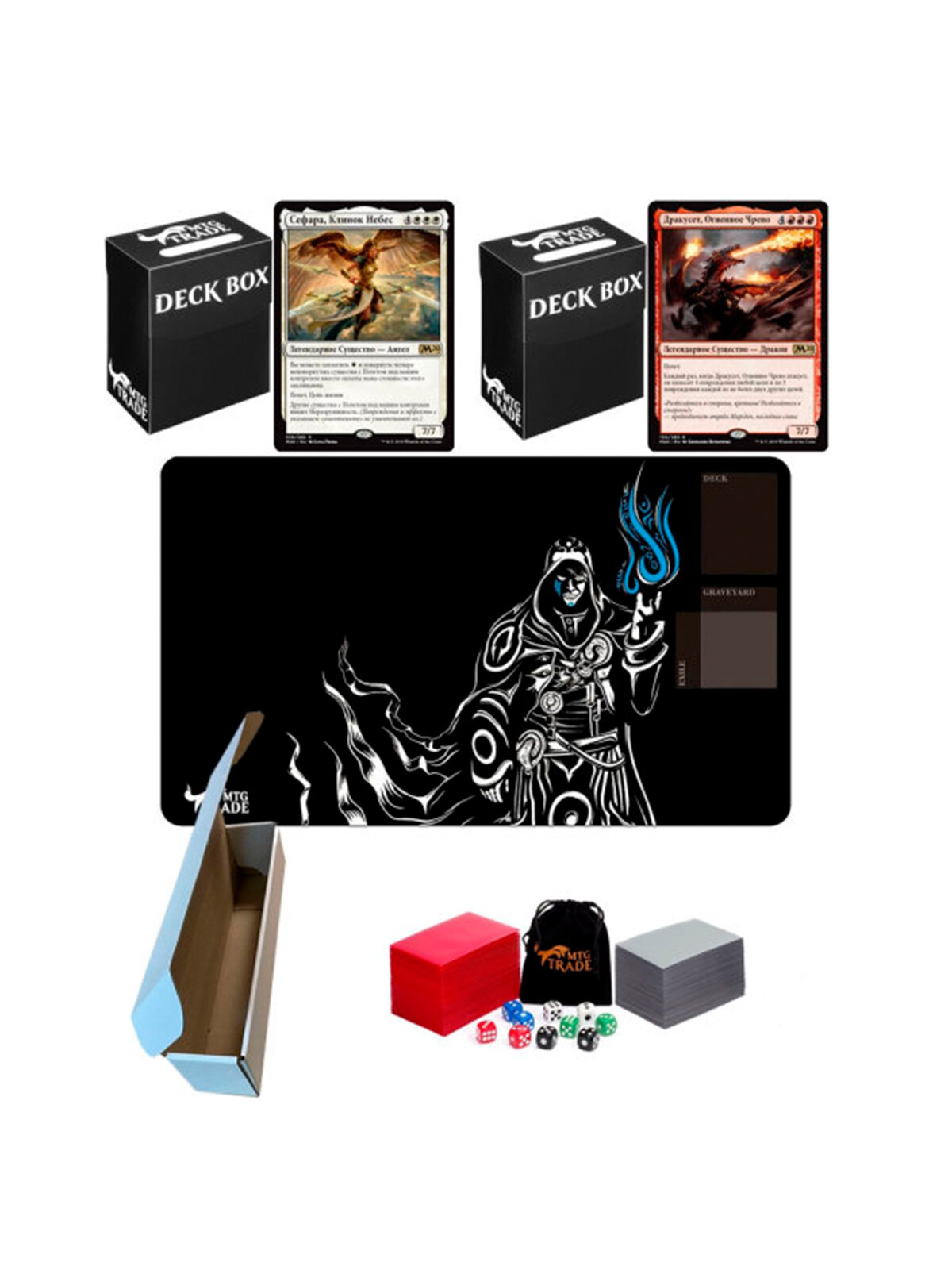 Magic The Gathering: Дуэльный комплект Дракусет против Сефары, игровой коврик, протекторы, коробка, кубики
