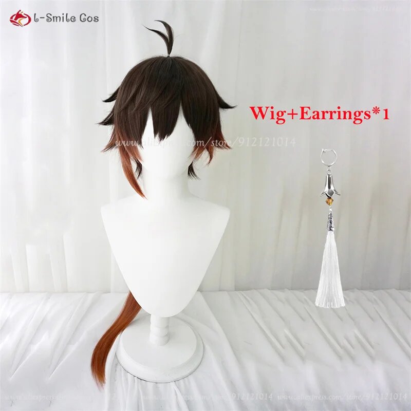 Косплей парик Чжун Ли коричневый оранжевый 90 см wig and earring