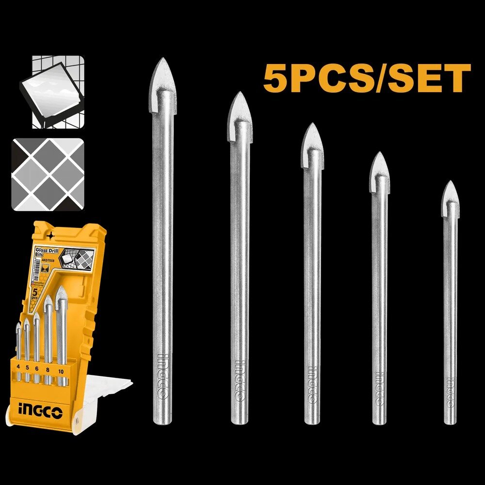 Набор сверл INGCO AKD7058, по стеклу и керамике, цилиндрический хвостовик, 5шт