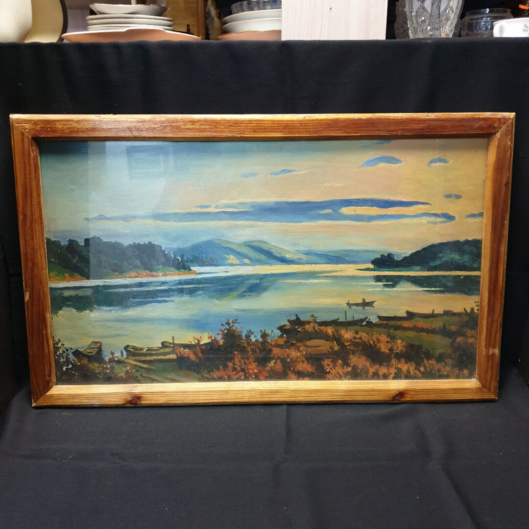 Картина СССР, Пейзаж озеро, горы, лодки, масло, размеры 75х46 см. Винтаж На фонере