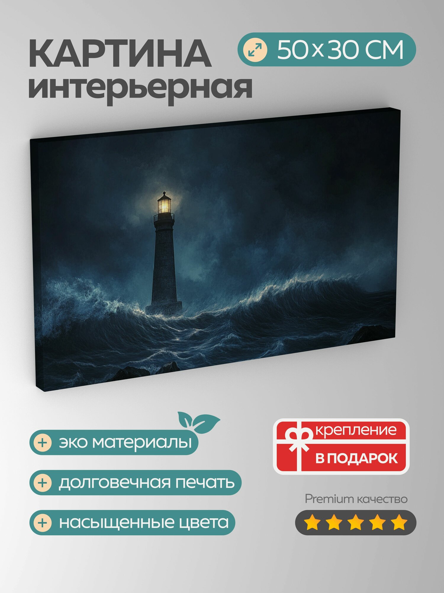 Картина на холсте интерьерная 50х30 см, маяк, шторм, море, чернильная тьма, свечение, волны, скалистый берег