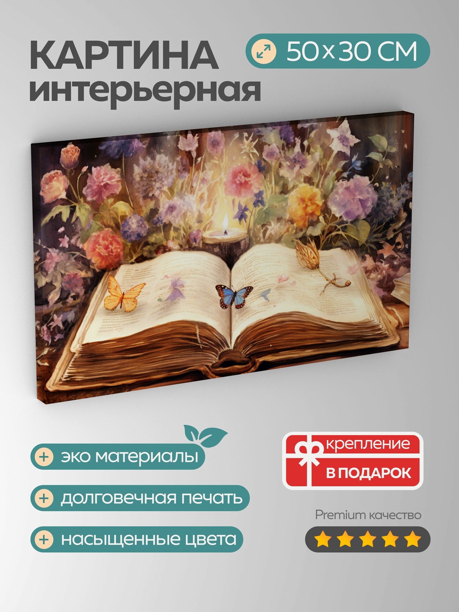 Картина на холсте интерьерная 50х30 см, акварельная иллюстрация, книги магических секретов, деревянный стол, заклинания