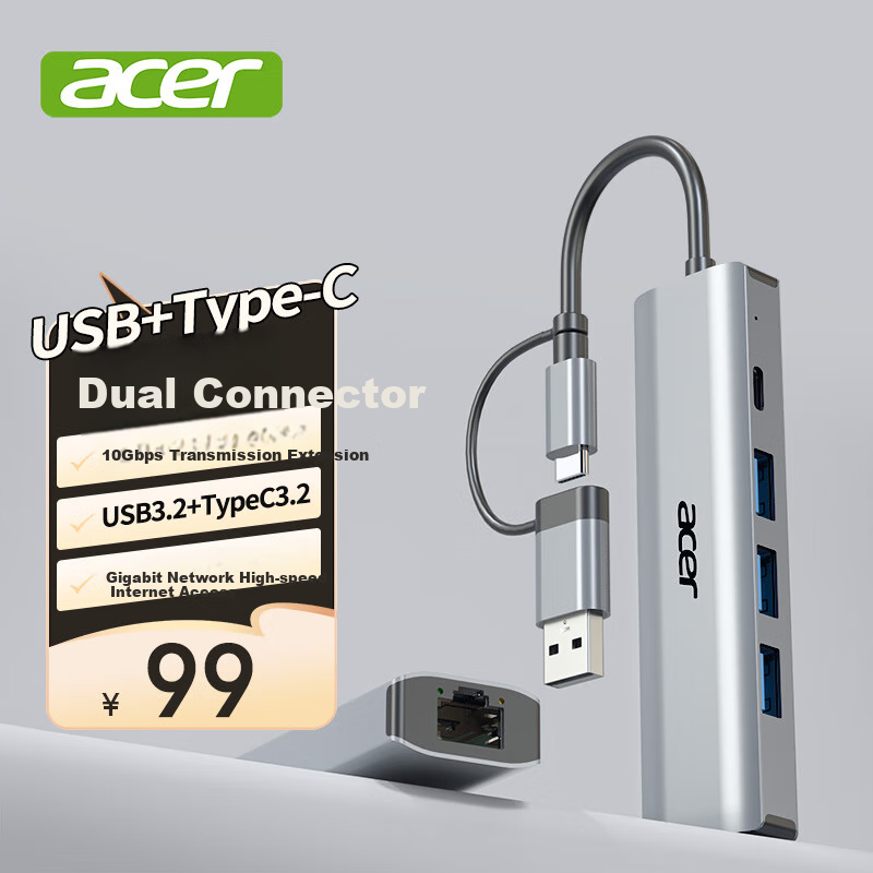 Acer USB3.2 Docking Station with Gigabit Ethernet Splitter【USB+Type-C 10G Data Port】Laptop Docking Station Ethernet Adapter