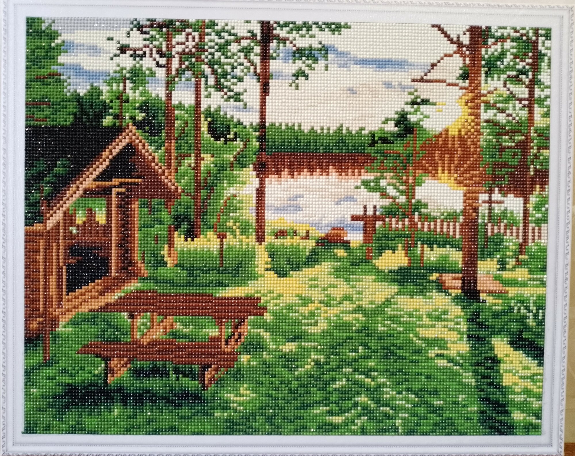 Картина мозаичная "Отдых на природе", круглая блестящая мозаика с алмазной огранкой. Mosaic picture "Rest in nature"