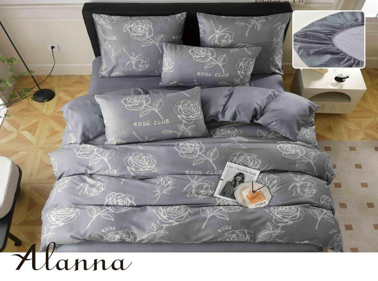 Комплект постельного белья Евро ALANNA Сатин, простыня на резинке, Розы