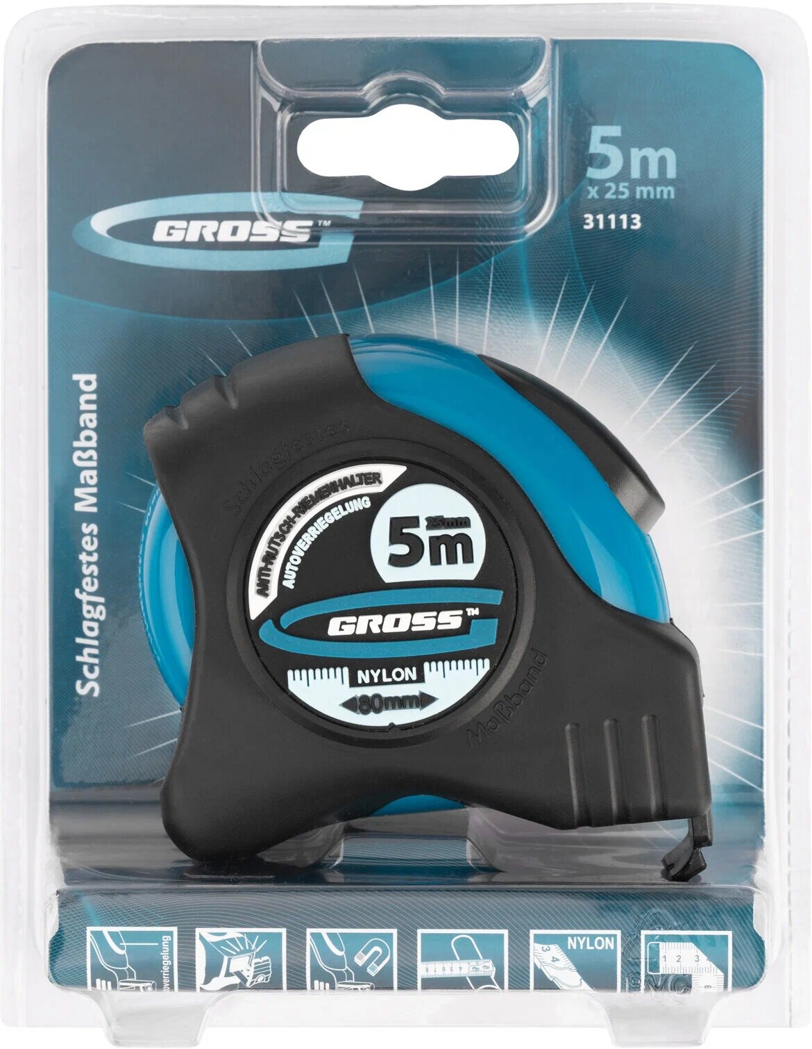 Рулетка "Schlagfest", 5 м x 25 мм, магн. обрез зацеп, двухст. шкала, нейлон покр. автоматич// Gross