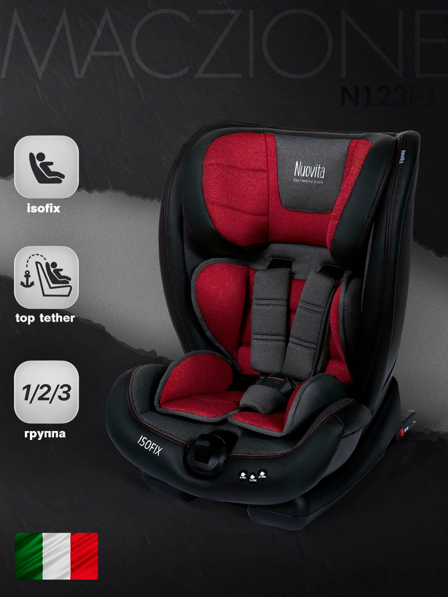 Автокресло детское с креплением Isofix Nuovita Maczione N123i-1/Группа: 1/2/3 – от 9 мес до 12 лет, вес 9-36 кгБордовый