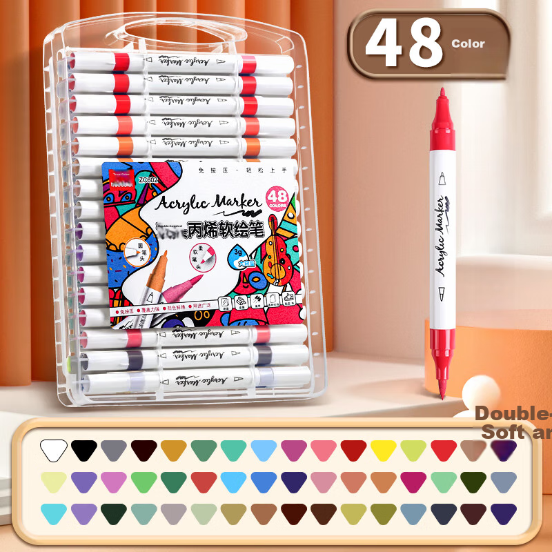 TRUECOLOR 48 Double-Ended Quick-Drying Soft Tip Acrylic Markers for Kindergarten, Elementary School Children, Art, Non-Translucent, Stackable, Drawing Pens, Odorless, Alcohol-Free 602