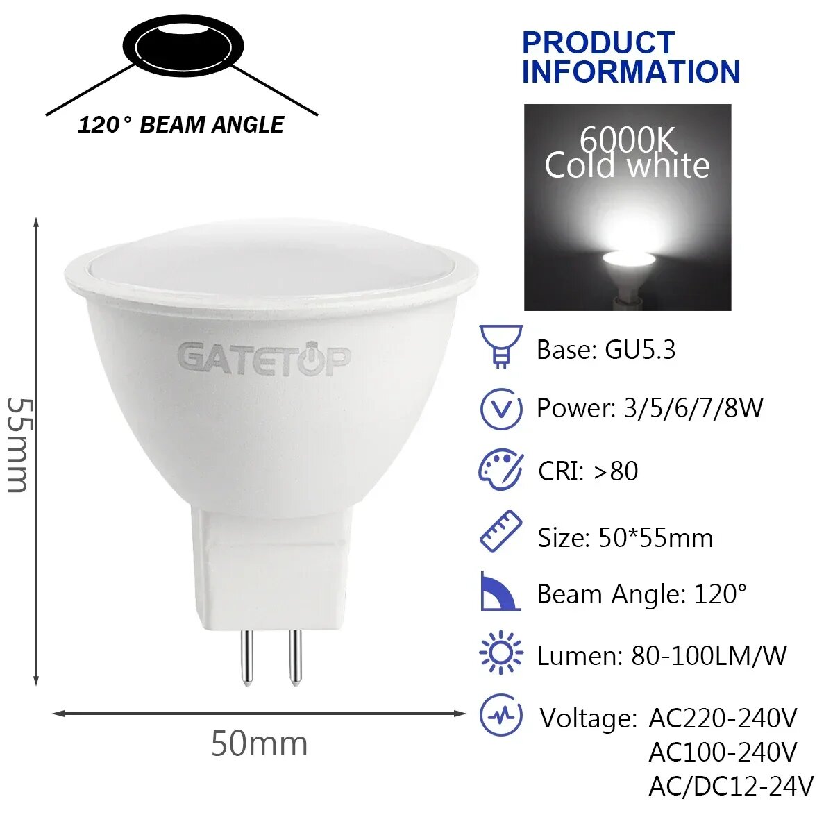 10 шт. Foco MR16 GU5.3 Светодиодная лампа белый свет 120 degrees 6000K, AC DC 12-24V, 7 Вт