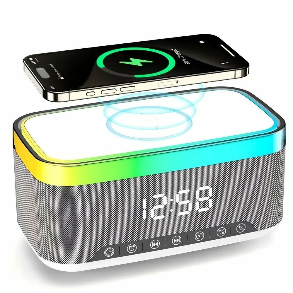 Bluetooth-колонка с беспроводной зарядкой 15W + LED-часы + белый шум + 360 звук + Bluetooth 5.3 (до 10м)