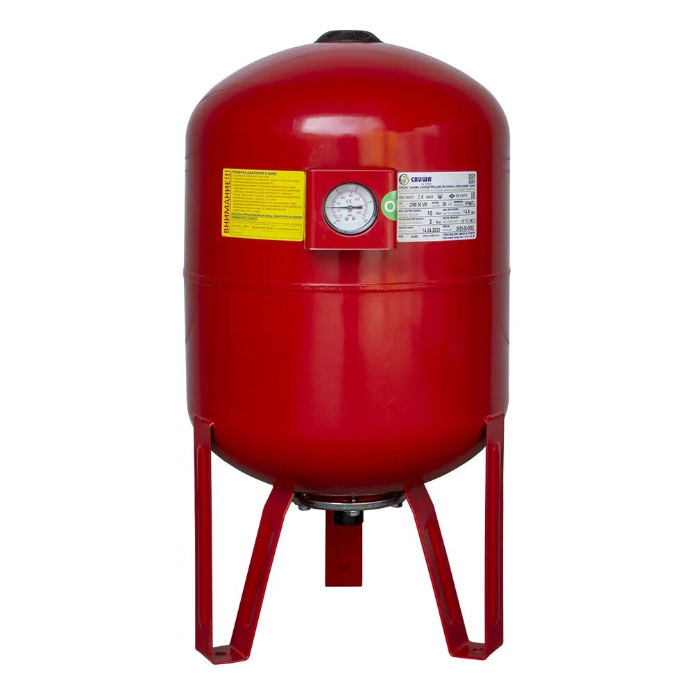 Вертикальный бак с ножками и манометром CRUWA 50л, 10 бар, присоед. 1", красный, замен. мембрана epdm, пр-во by oren/