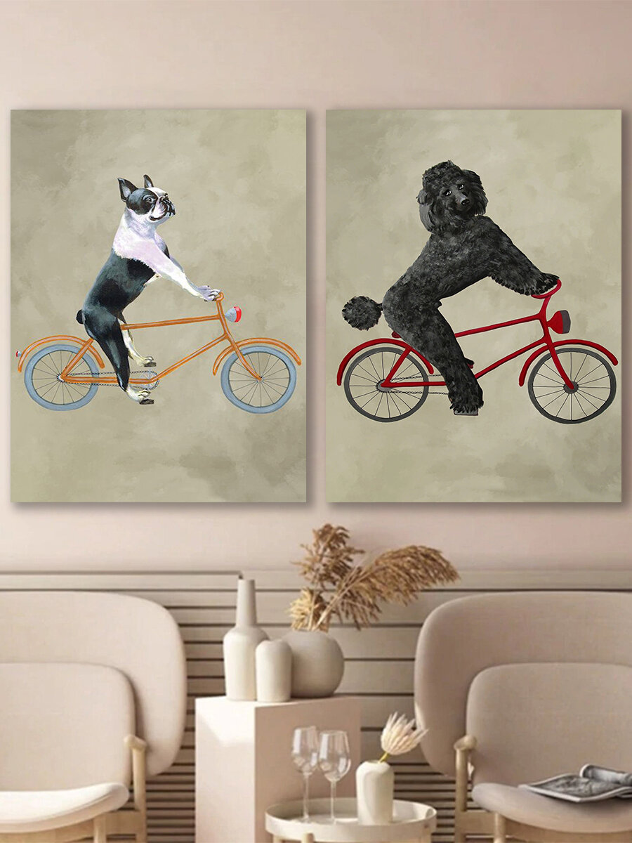 Модульные картины на стену / диптих - "Собаки на велосипеде", картина 2 шт, модуль 40х60 см
