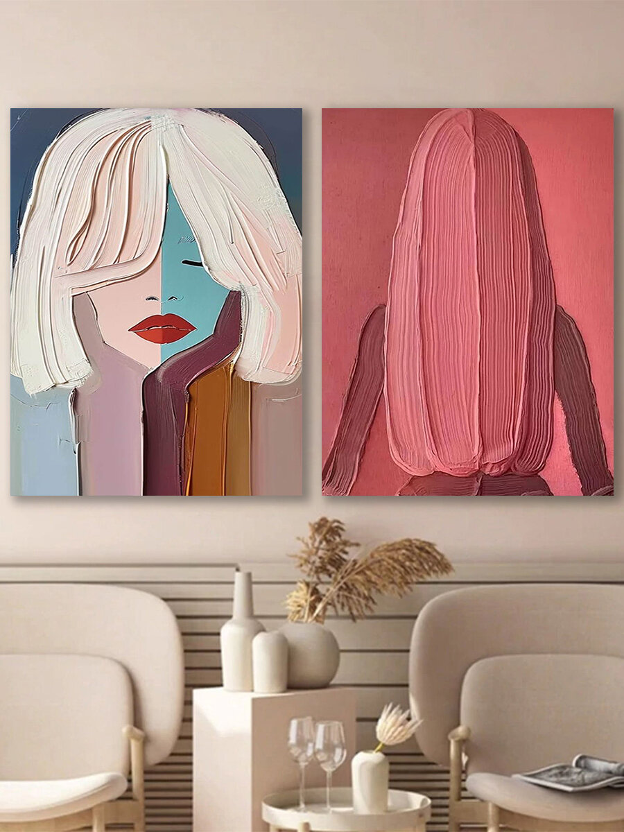 Картина модульная на стену / композиция из 2-х картин, "Девушка абстракция текстура", 70х100 см.