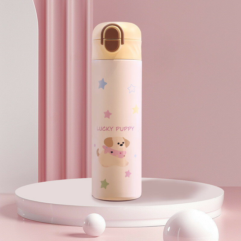 Cute puppy cat floral grid star printed stainless steel insulated cup for outdoor and commuting use yellow