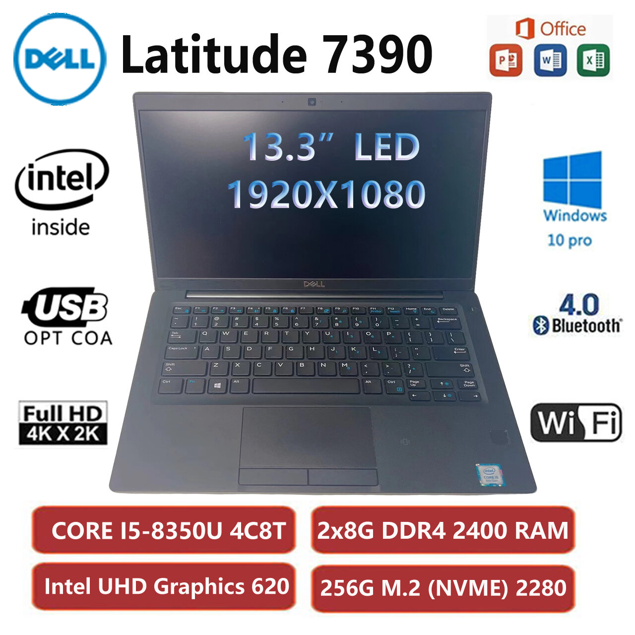 ноутбук 13.3" DELL Latitude 7390( CORE I5-8350U+2X8GB DDR4 2400 RAM+256G M.2 NVME SSD+Intel UHD 620 Видеокарта+1920X1080 IPS 4K) Win 10 pro