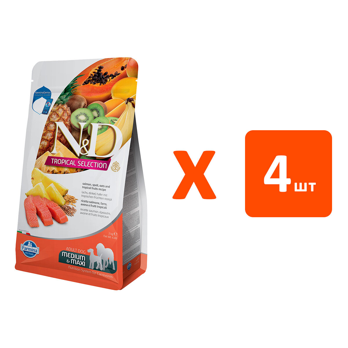 Корм сухой Farmina Dog N&D Tropical Selection Adult Medium & Maxi Salmon низкозерновой для взрослых собак средних и крупных пород, лосось, спельта, овес и тропические фрукты, 2 кг х 4 шт