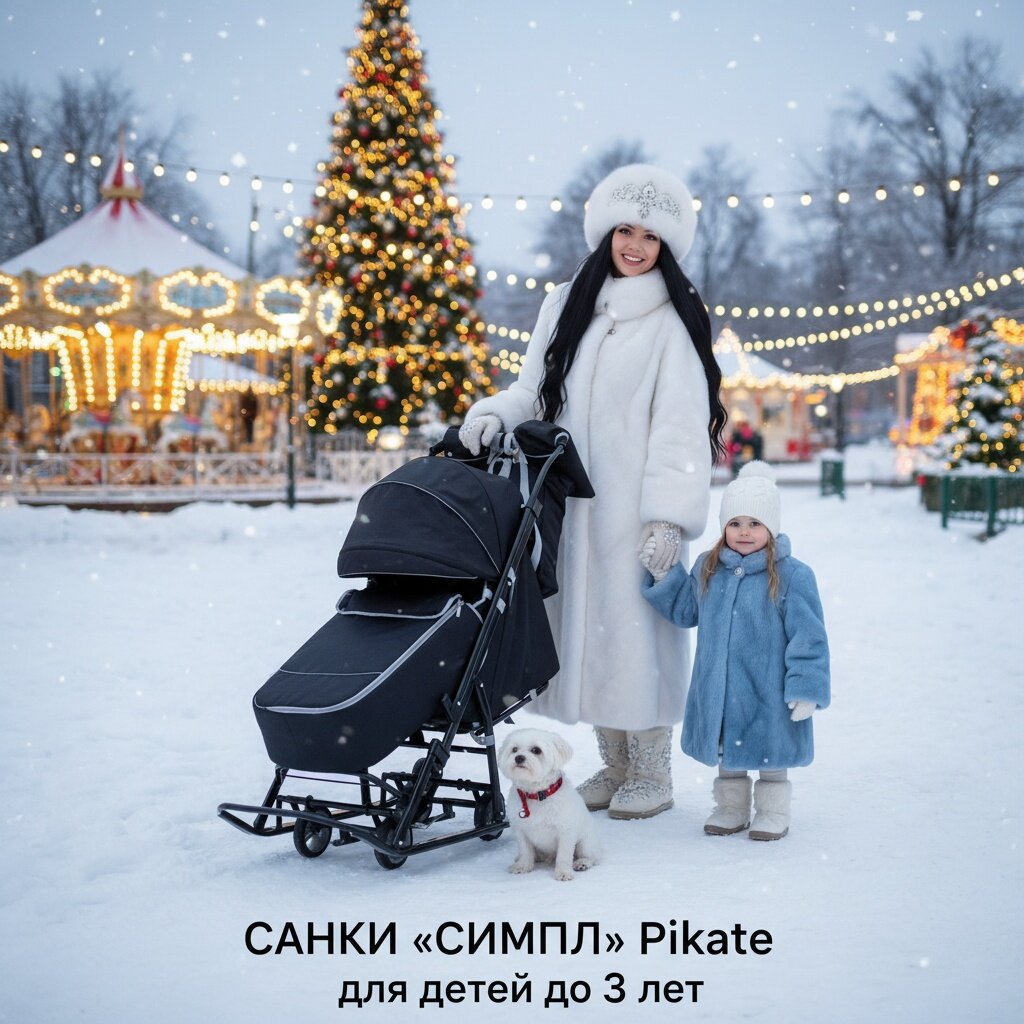 Санки-коляска Pikate Simple NEW 2025, выдвижные колеса, черные