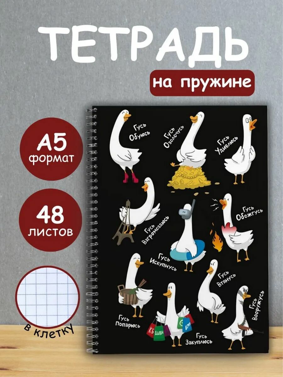 Тетрадь в клетку 48 листов на пружине, блокнот А5 Смешные Гуси