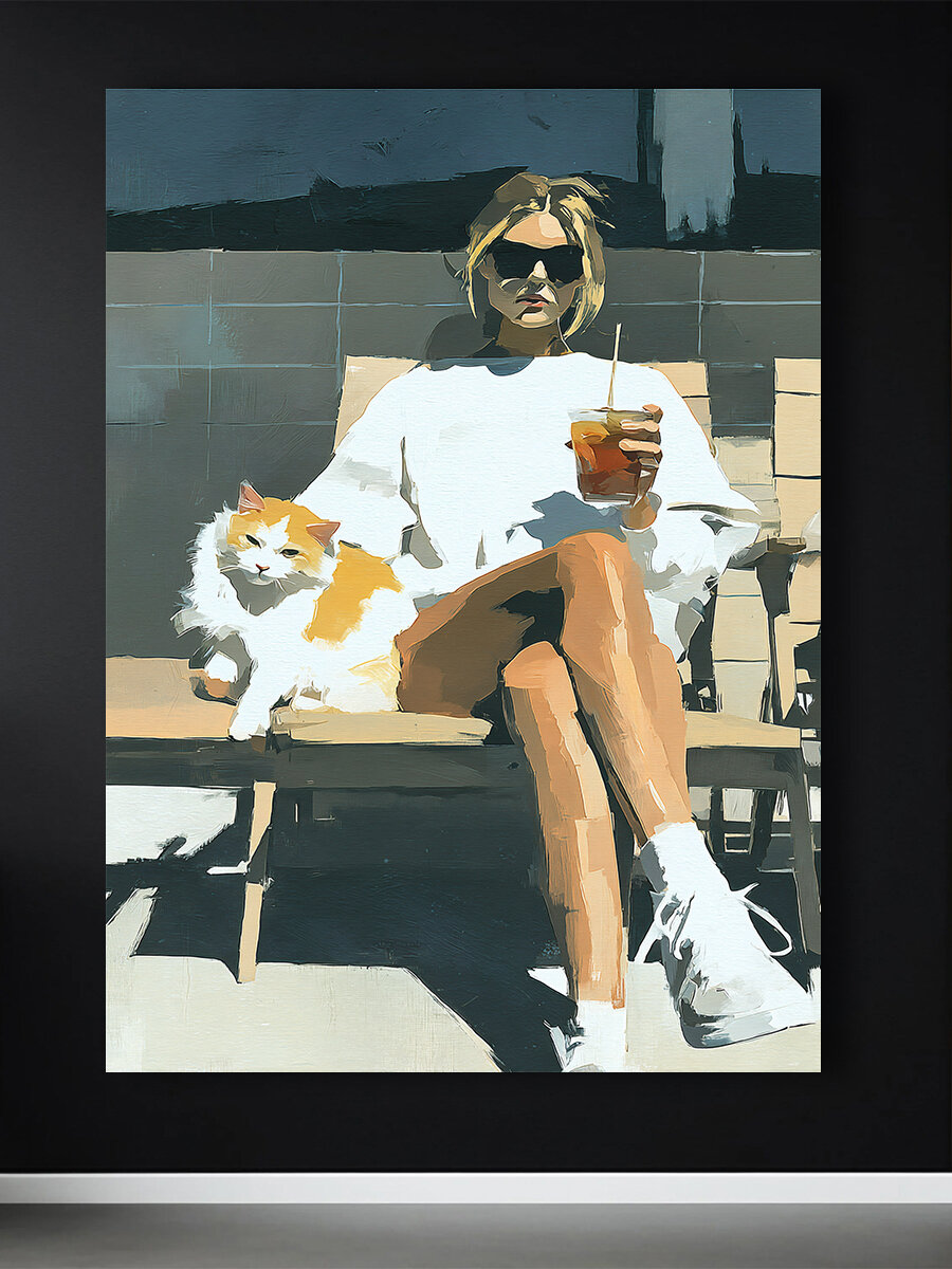 Картина интерьерная - "Девушка и котики на отдыхе, дизайнерский арт на стену" , 40х60 см.