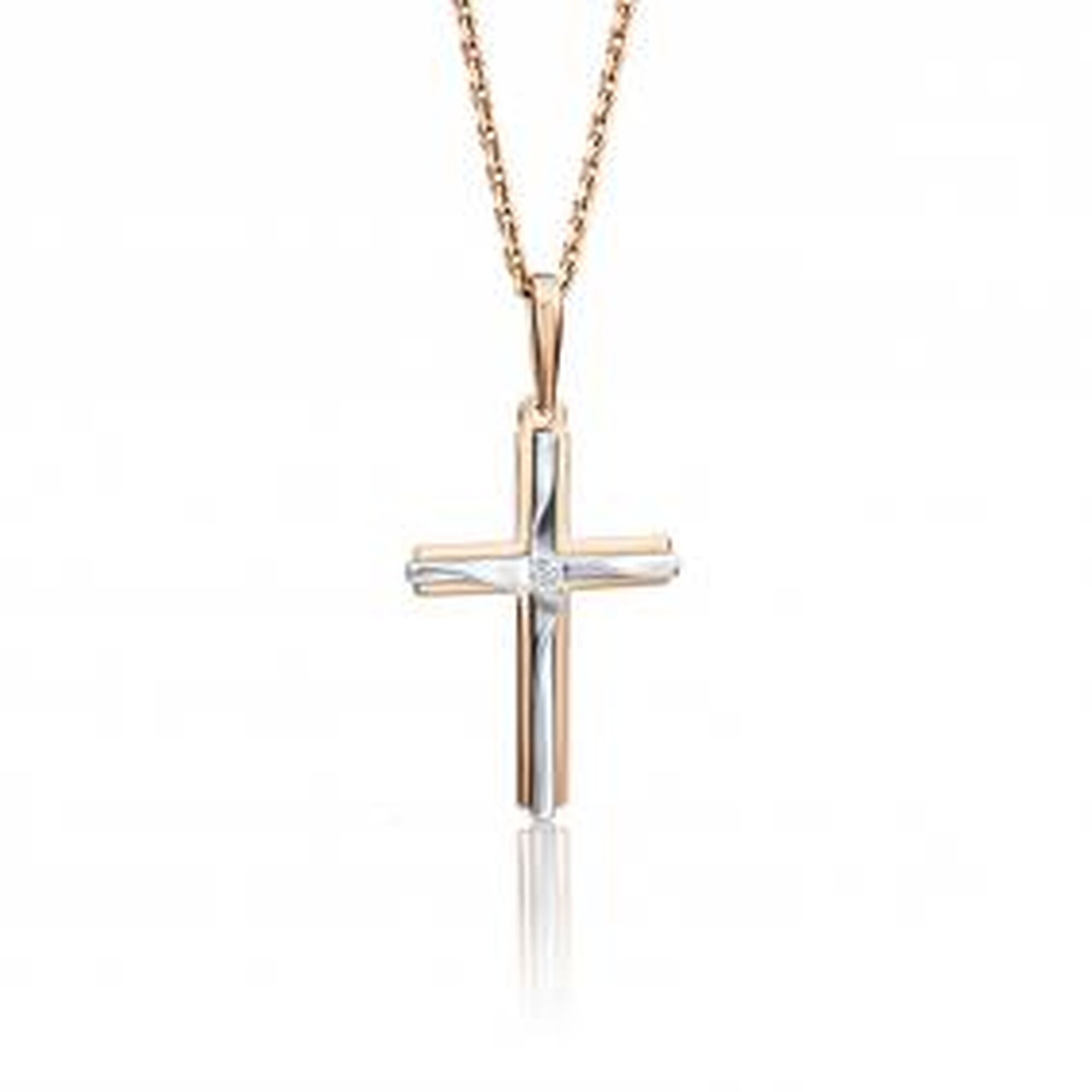 Крестик, комбинированное золото, 585 проба, фианит