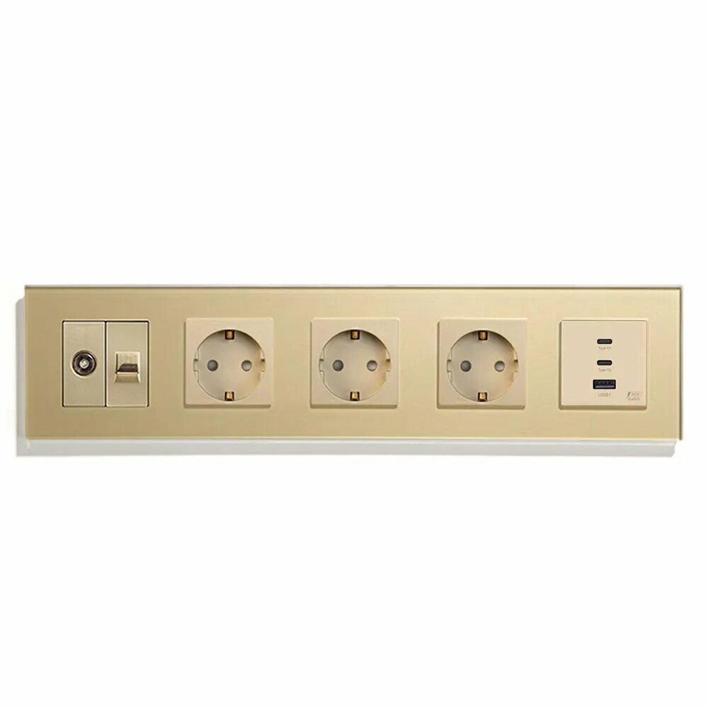 Розетка электрическая 5 поста с 65W быстрая зарядка USB/Type-C+RJ45 ТВ-Компьютер 220В 16А Стекло Рамка золото