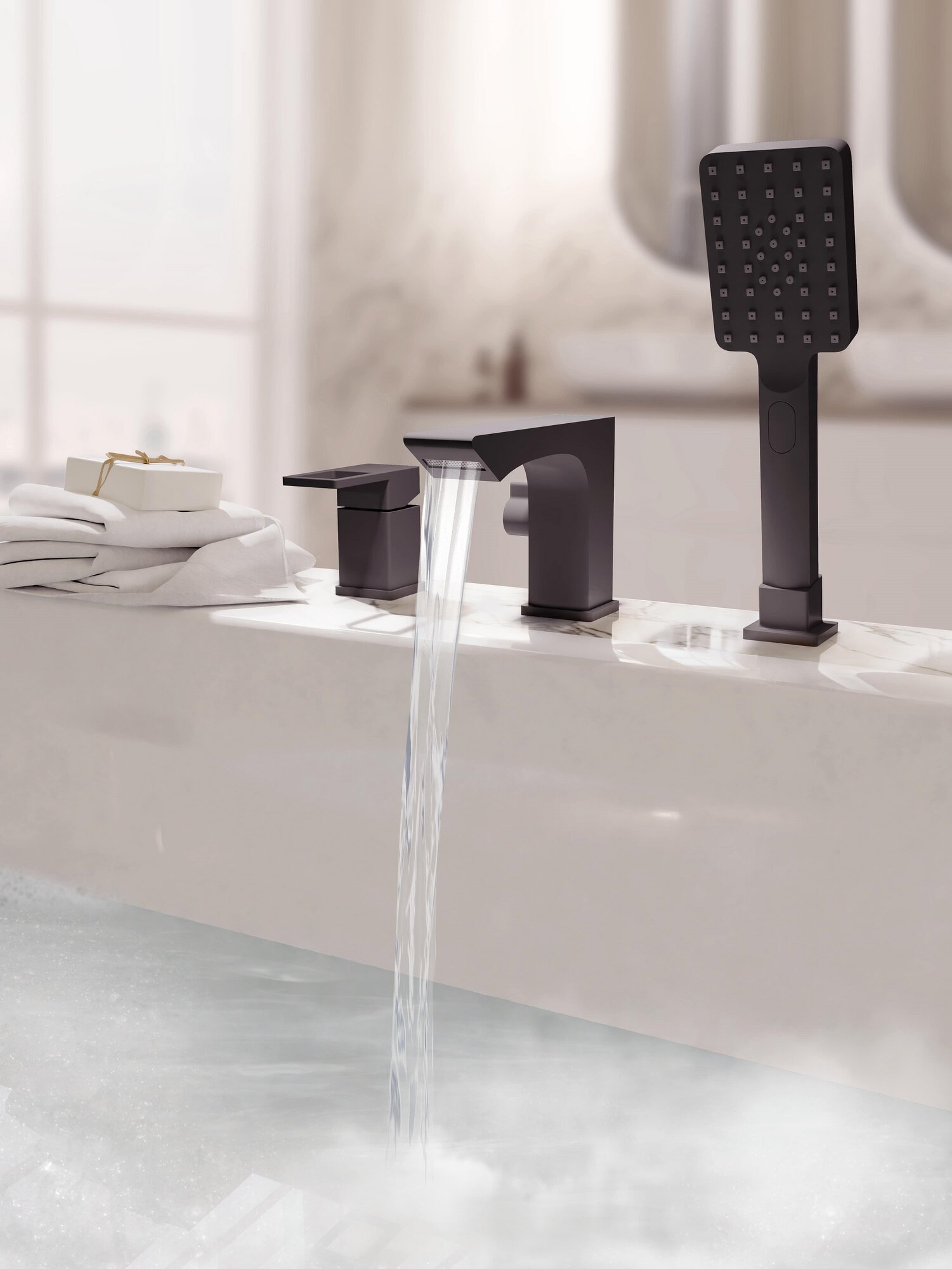 ESKO. Смеситель встроенный на борт ванны черный для ванны и душа на три отверстия